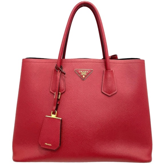 Prada | Bags | Prada Handbag Triangle Logo Saffiano Leather Red Gold ...